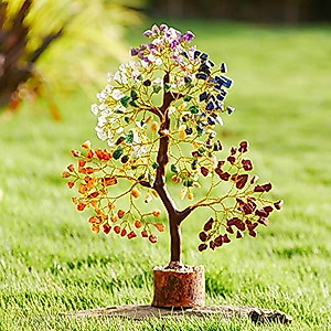 YUVDIPR Seven Chakra Crystal Bonsai Tree of Life Buddha Healing Generator Feng Shui Reiki Balancing Generator Spiritual Room Wealth Office Desk Gift Bonsai Homed Décor Gemstone Golden Wire 10-12 "