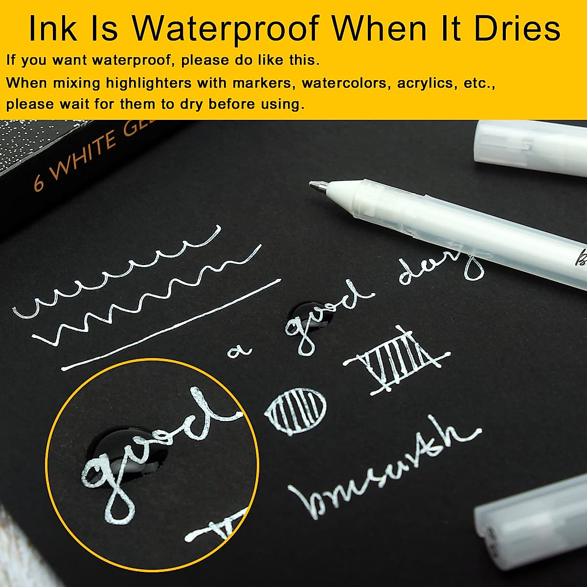 White Gel Pen Set - 0.8 mm Extra Fine Point Pens Gel Ink Pens for Black Paper Drawing, Sketching, Illustration, Card Making, Bullet Journaling, Pack of 6