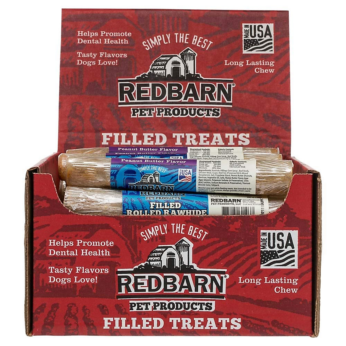 Redbarn Filled Rolled Rawhide for Dogs, Peanut Butter Flavor - Premium High Protein Low Fat Chew Treat - Case of 24
