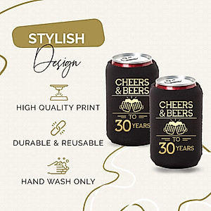 Cheers and Beers to 30 Years Can Coolers, 30th Birthday Party Coolies, Set of 12, Black and Gold Can Coolers, Perfect for Birthday Parties, Birthday Decorations…
