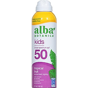 Alba Botanica Kids Sunscreen Spray for Face and Body, Tropical Fruit, Broad Spectrum SPF 50, Water Resistant, 5 fl. oz. Bottle