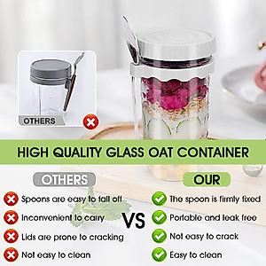 Overnight Oats Jars, Overnight Oats Containers with Silicone Lid and Spoon 16 oz,for Oats Yogurt,Milk,Fruit,breakfast,Leak-Proof Reusable Portable with Measurement Marks (W+G)