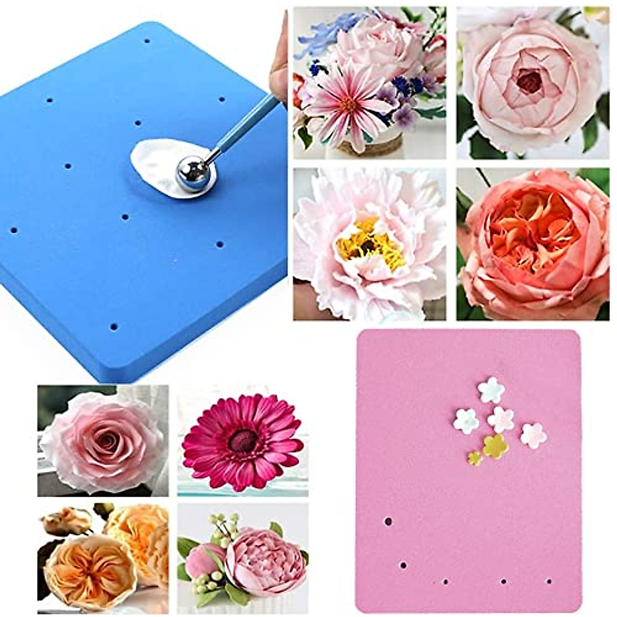 AUNMAS Fondant Foam Pad, Rectangular Fondant Cake Sponge Pad Mat with 5 Holes for Cake Decoration, DIY Paste/Sugar Flower/Gum/Chocolate/Clay Modelling Tools Drying Tray, Pink Green