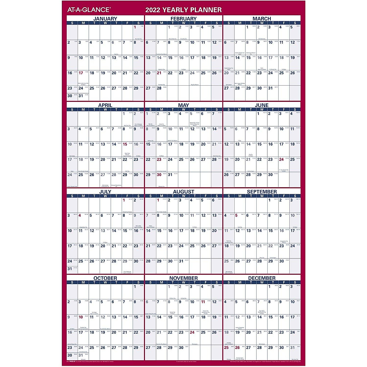 2022 Erasable Calendar, Dry Erase Wall Planner by AT-A-GLANCE, 48" x 32", Jumbo, Vertical/Horizontal, Reversible (PM32628)
