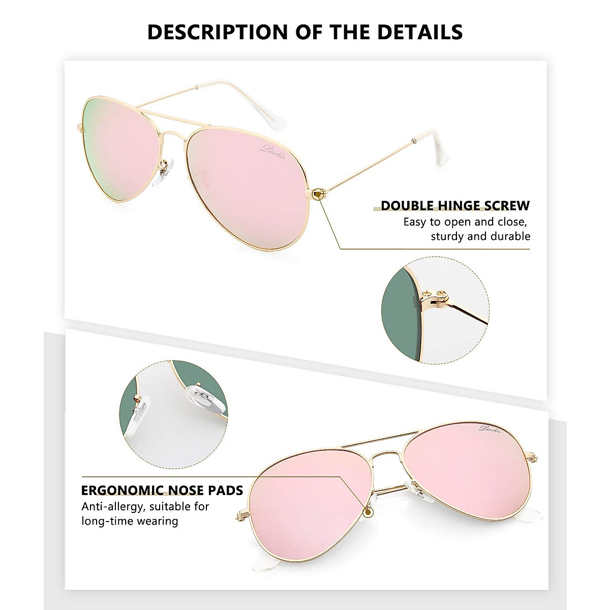 livho Sunglasses for Men Women Aviator Polarized Metal Mirror UV 400 Lens Protection (Rose Gold & Black)