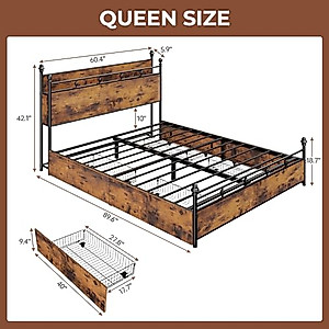 FORABAMB Queen Bed Frame with 4 Drawers, LED Bed Frame Queen Size with Headboard and Charging Station, Metal Platform Bed with Storage, No Box Spring Needed, Easy Assembly, Rustic Brown