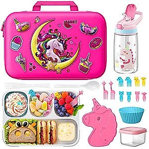 WayEee Lunch Box with Lunch Bag Bento Box Set for Girls - Insulated Lunch Bag with 4 Compartment Bento Box Water Bottle Ice Pack Silicon Cap Salad Container for Kids Back to School Ideal for Age 6-15