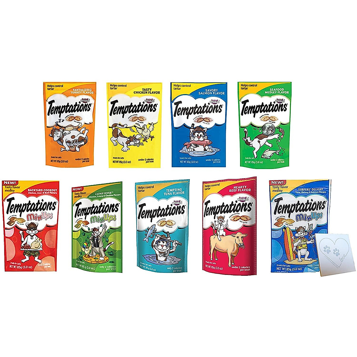 Temptations Cat Treats Temptations Huge Variety Pack, All 9 Flavors: Chicken, Medley, Turkey, Tuna, Catnip Fever, Beef, Surfer, Cookout 1 Pet Paws Notepad (9 Bags Total, 3 Ounces Each), 10 Piece Set