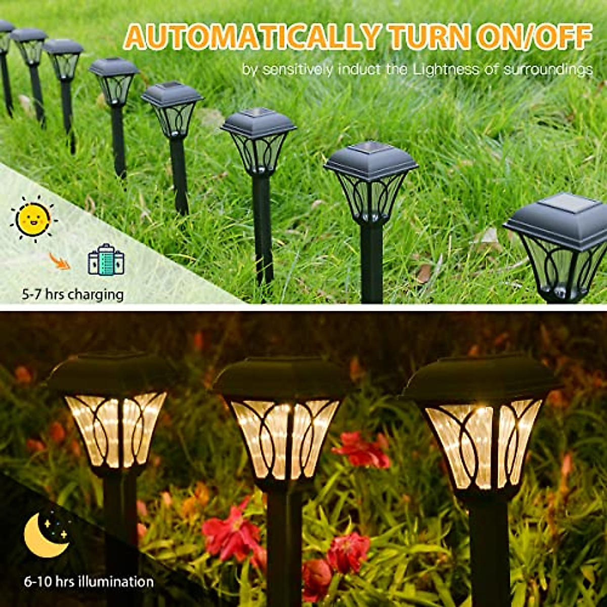 Dikeworf Solar Pathway Lights, 12 Pack Auto ON/Off Solar Garden Lights Outdoor IP44 Waterproof Solar Path Lights Landscape Decoration for Walkway Yard Lawn Patio(Warm White)