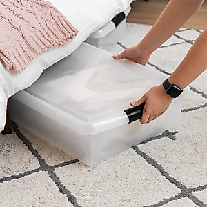 IRIS USA 40 Qt Plastic Under Bed Storage Nestable Organizer Bin Container with Secure Lids and Durable Buckles, 4-Pack, Under Bed Storage Containers for Clothes Shoes Bedding, Black/Clear