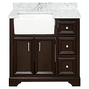 Kitchen Bath Collection Zelda 36-inch Farmhouse Vanity (Carrara/Chocolate): Includes Chocolate Cabinet with Authentic Italian Carrara Marble Countertop and White Ceramic Farmhouse Apron Sink