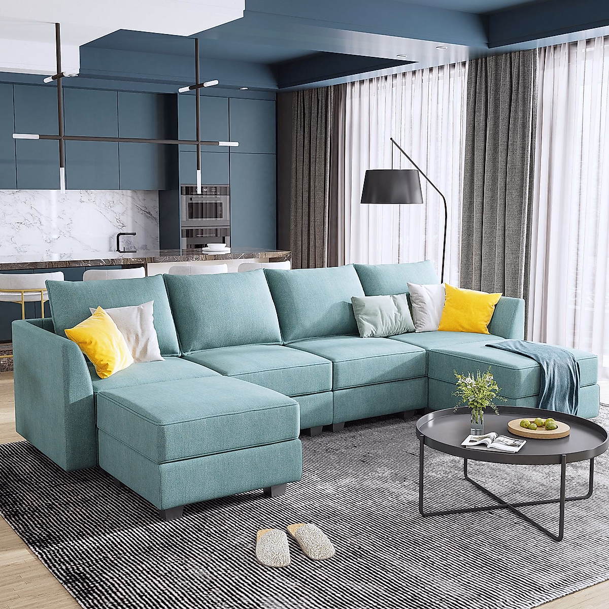HONBAY Modern Fabric Middle Module for Modular Sofa Customizable Sectional Sofa Couch Accent Armless Chair, Aqua Blue