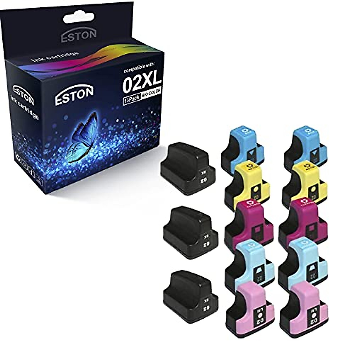 ESTON Remanufactured Ink Cartridge Replacement for HP 02XL 02 Ink Cartridge Use for PhotoSmart C7280 C6280 C5180 C6180 D7360 ( 13-Pack )(BK/C/M/Y/LC/LM)