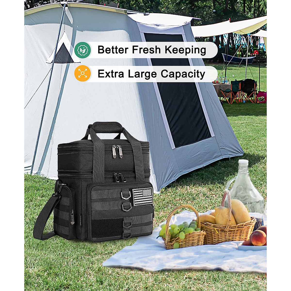 SumeStar Tactical Lunch Box for Men, Large Insulated Lunch Bag Adult, Heavy Duty Double Deck Expandable Lunch Cooler Bag Leakproof Waterproof Lunch Tote for Work Office Camping Travel - Black