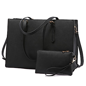 LOVEVOOK Laptop Bag for Women, Fashion Computer Tote Bag Large Capacity Handbag, Leather Shoulder Bag Purse Set, Professional Business Work Briefcase for Office Lady 2PCs, Fit 15.6 Inch Laptop, Black