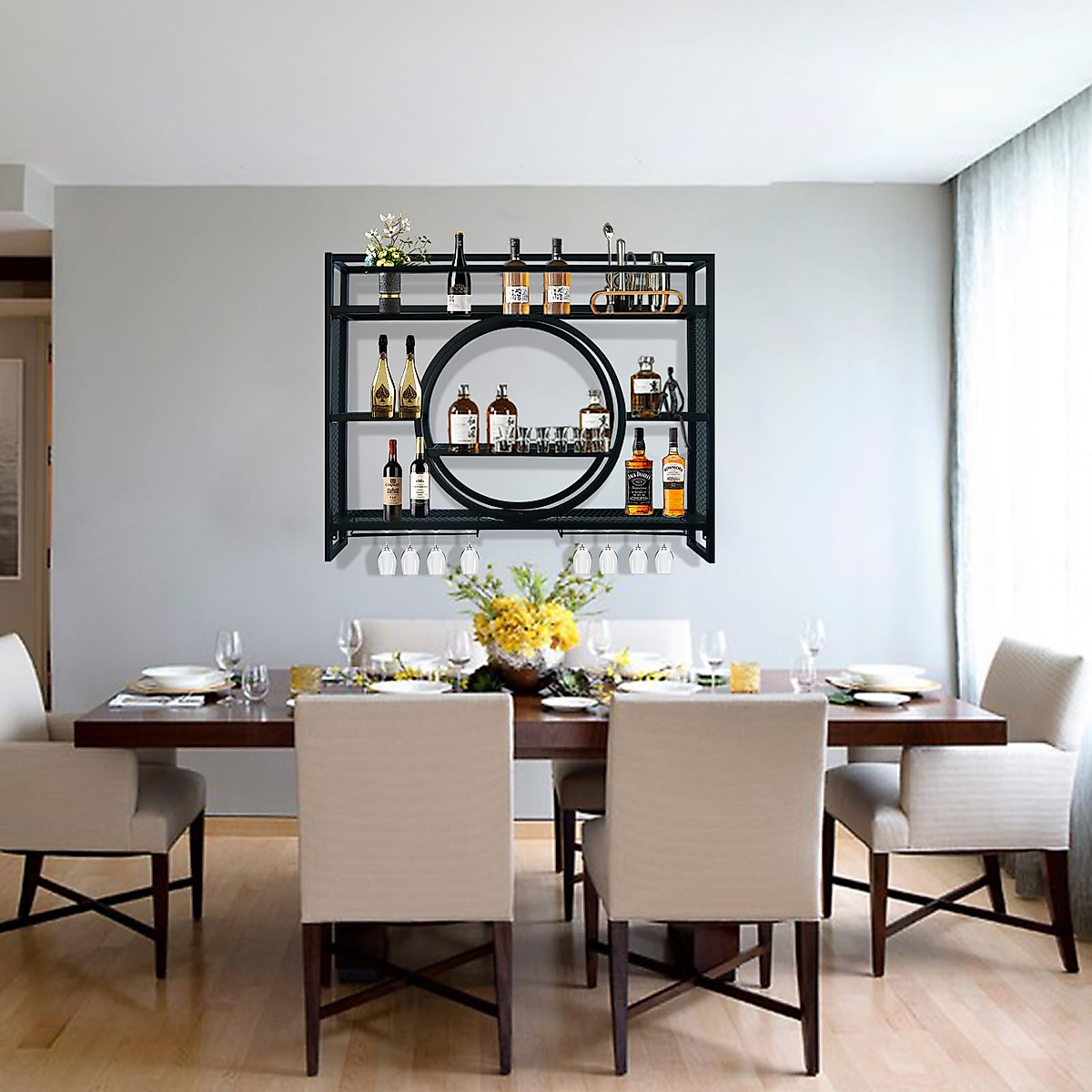 Wall Mounted Wine Rack, Hanging Metal Round Wine Rack Cabinet, Multifunctional Storage Rack, Vintage Style Wine Bottle Shelf, with Wine Glass Holder, for Home Restaurant Bars (120cm/47.2in)