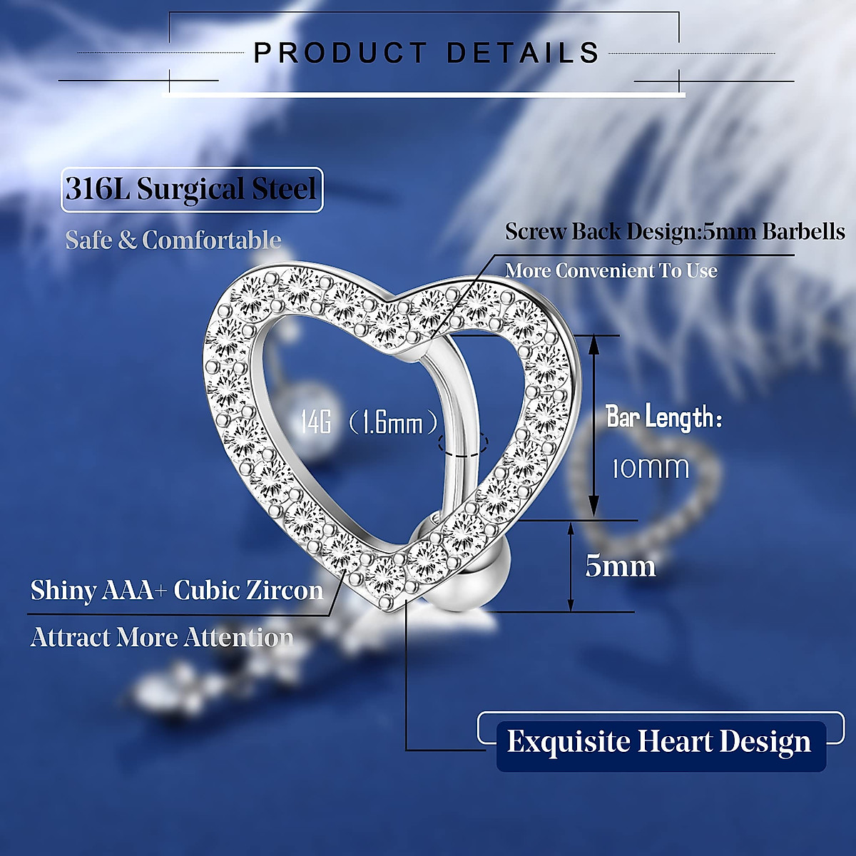 SAILIMUE 9 Pcs Surgical Steel Belly Button Rings for Women 14G Belly Ring CZ Heart Reverse Navel Ring Dangle Belly Piercing Jewelry Pack