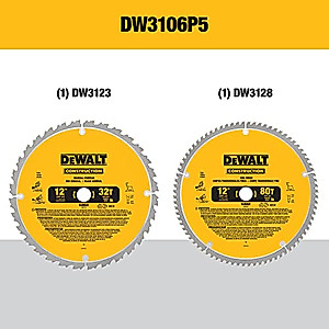DEWALT 12-Inch Miter Saw Blade, Crosscutting, Tungsten Carbide, 80-Tooth, 2-Pack (DW3128P5)