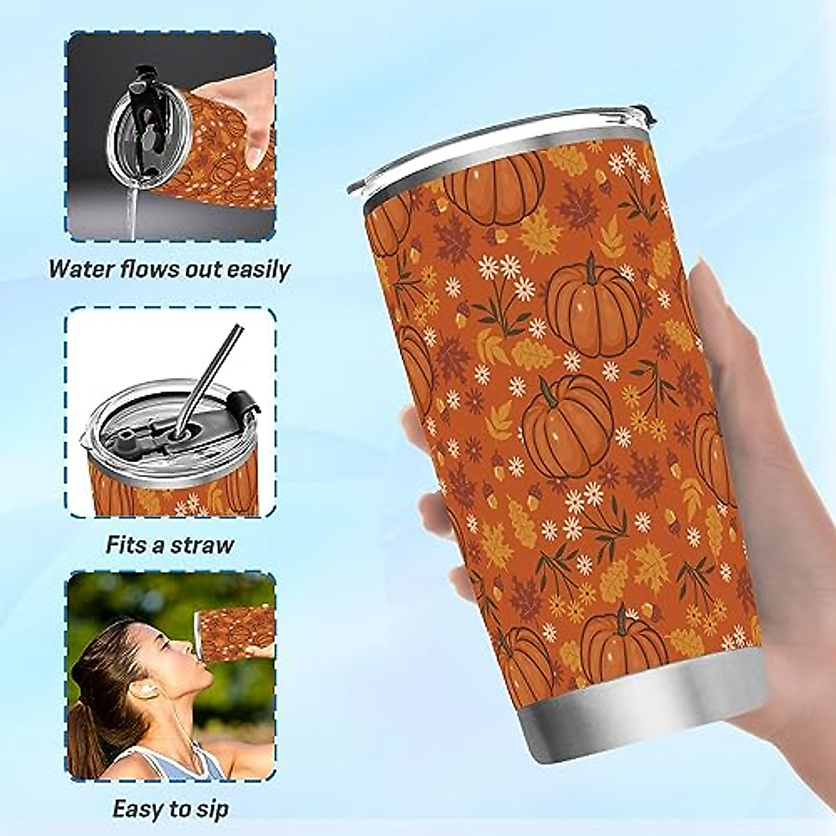 Jihqo Pumpkin Thanksgiving Harvest Tumbler with Lid and Straw, Insulated Stainless Steel Tumbler Cup, Double Walled Travel Coffee Mug Thermal Vacuum Cups for Hot & Cold Drinks 20oz