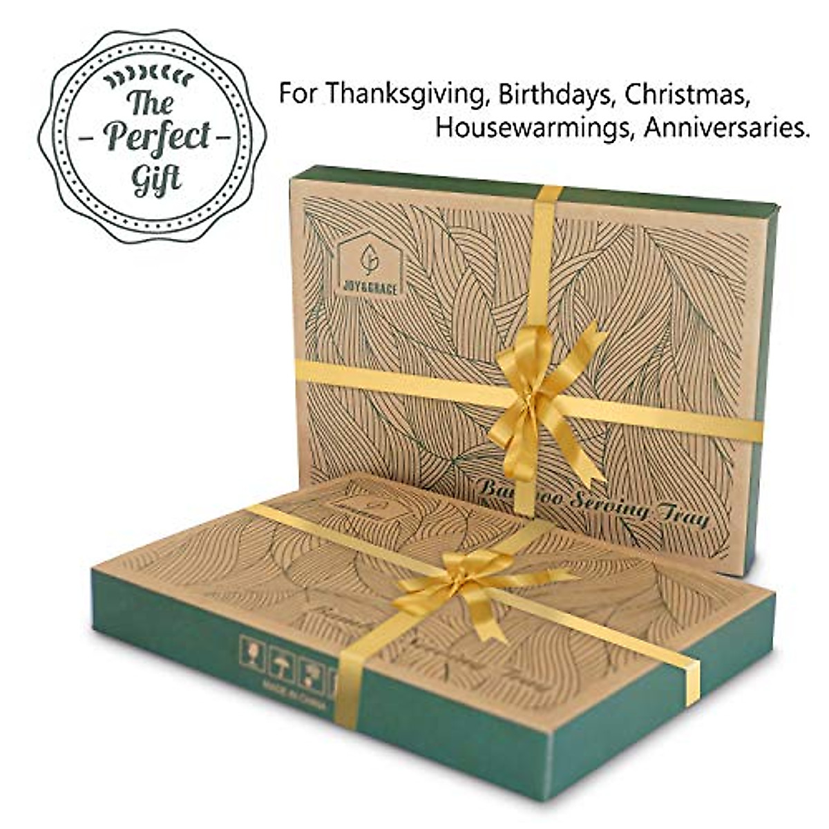 Joy&Grace 100% Bamboo Wood Butler Serving Tray with Handles - Breakfast/Coffee Table Tray, Decorative Ottoman Tray, Serving Platter for Party,17''×13''