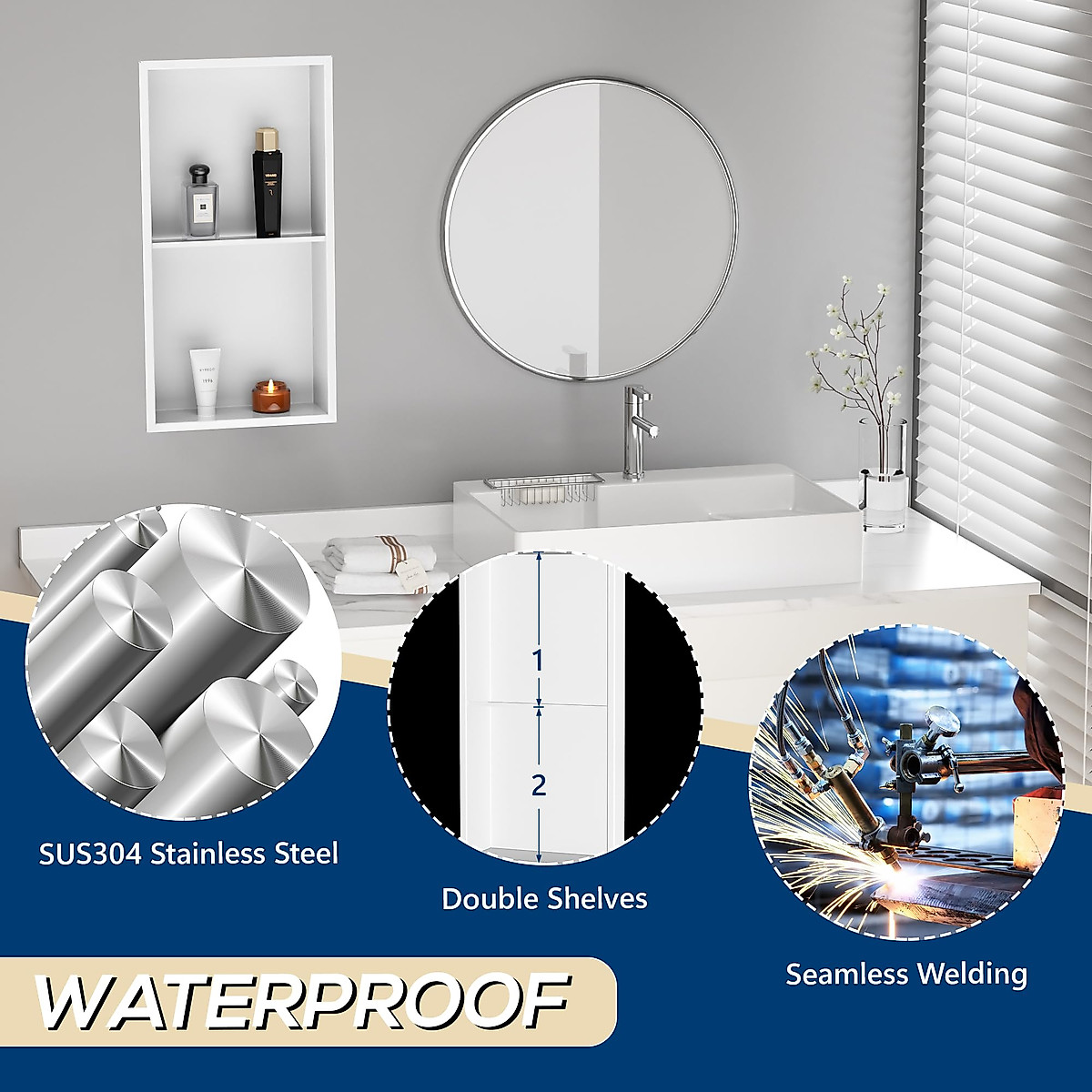 Qeke Stainless Steel Shower Niche 24" X 12", No Tile Needed Wall Niche Double Shelves, Recessed Niche Shower for Bathroom Storage, Matte White