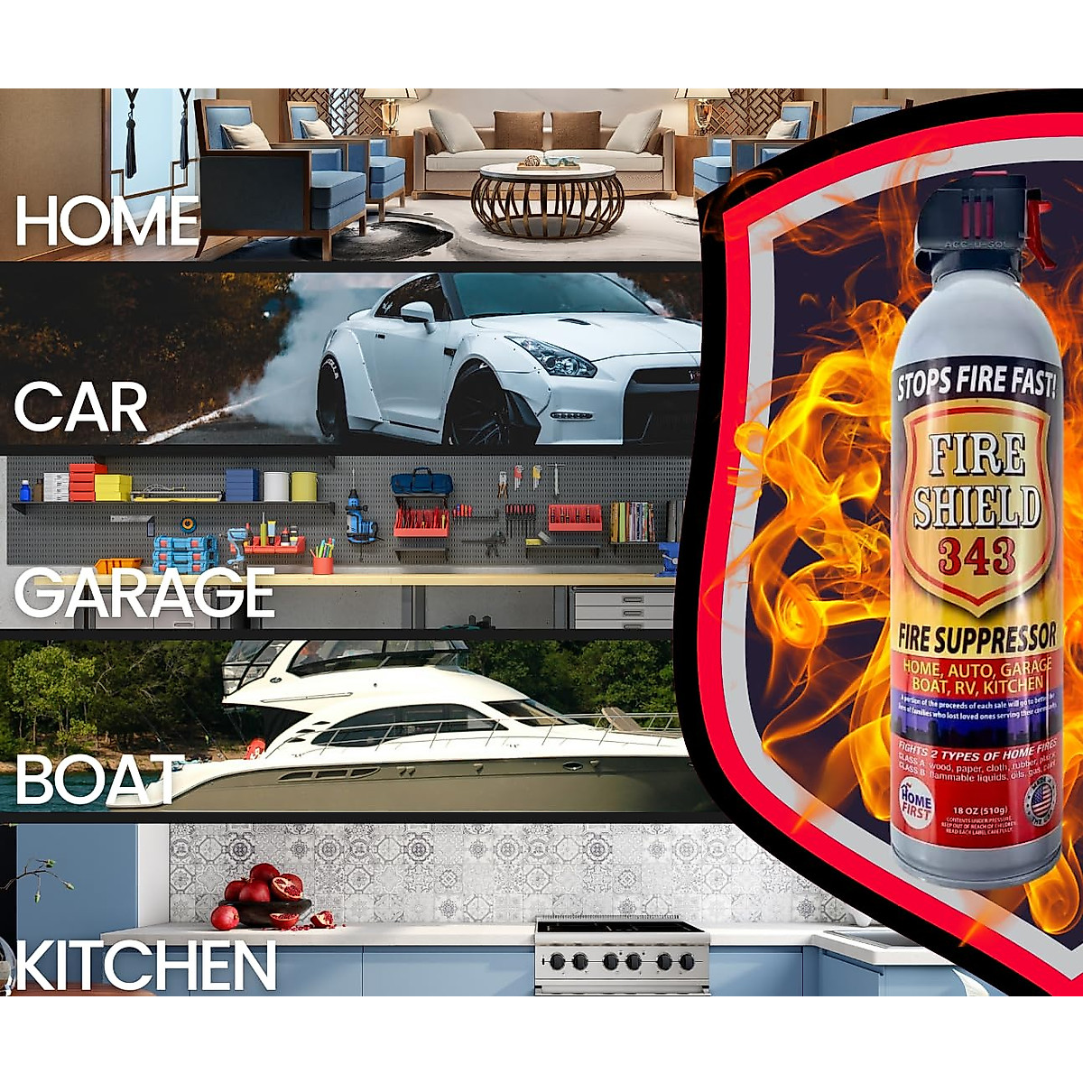 Fire Shield 343 - Home & MOBILE Use Aerosol Fire Suppressant Spray Foam Eliminates Gasoline, Kitchen Grease, Oil, Wood Fires. For Garage, House, Camping, RV & More