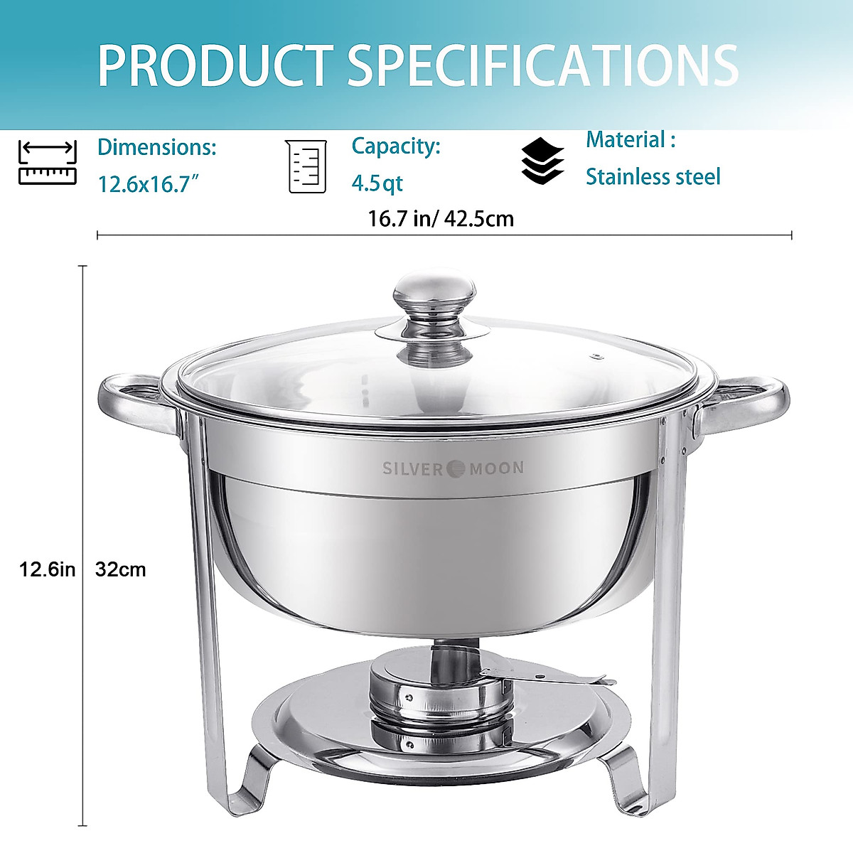 SILVER MOON 4.5 QT Round Chafing Dish, chaffing server set buffet, Stainless Steel Buffet Chafer with Glass Lid, Chafers and Buffet Warmers Set for Catering, Buffet Food Warmer for Parties
