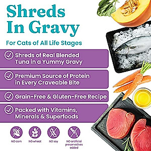Solid Gold Wet Cat Food Shreds in Gravy - Canned Cat Food Made w/Real Tuna for Cats of All Ages - Five Oceans Grain Free Cat Wet Food for Sensitive Stomach & Overall Wellness - 16ct/6oz Can