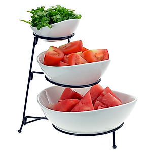 Roe & Moe 3 Tier Serving Stand Ceramic Bowl Set with Metal Rack, Tiered Bowls for Parties Candy Appetizer Dessert Fruit Cake Veggies Chips & Dip
