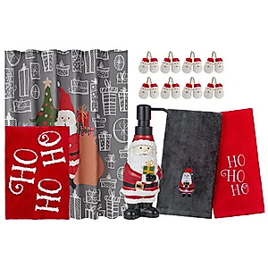 17-Piece Christmas Holiday Bathroom Accessory Set with | Resin Liquid Soap Pump| Bath Rug | Shower Curtain | 12 Curtain Hooks | 2 Hand Towels| Gift Box Set | Xmas Decor (Silly Santa)
