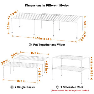 WOSOVO Set of 2 Kitchen Cabinet Organizer and Storage Shelves Stackable Expandable Storage Racks with Anti-Slip Liners for Cabinet Pantry, White