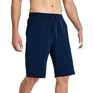 MIER Men's Workout Cotton Shorts 11 Inch Long Lounge Gym SweatShorts Pockets Lightweight Athletic Running Knit Jersey Shorts Drawstring, Navy Blue, M