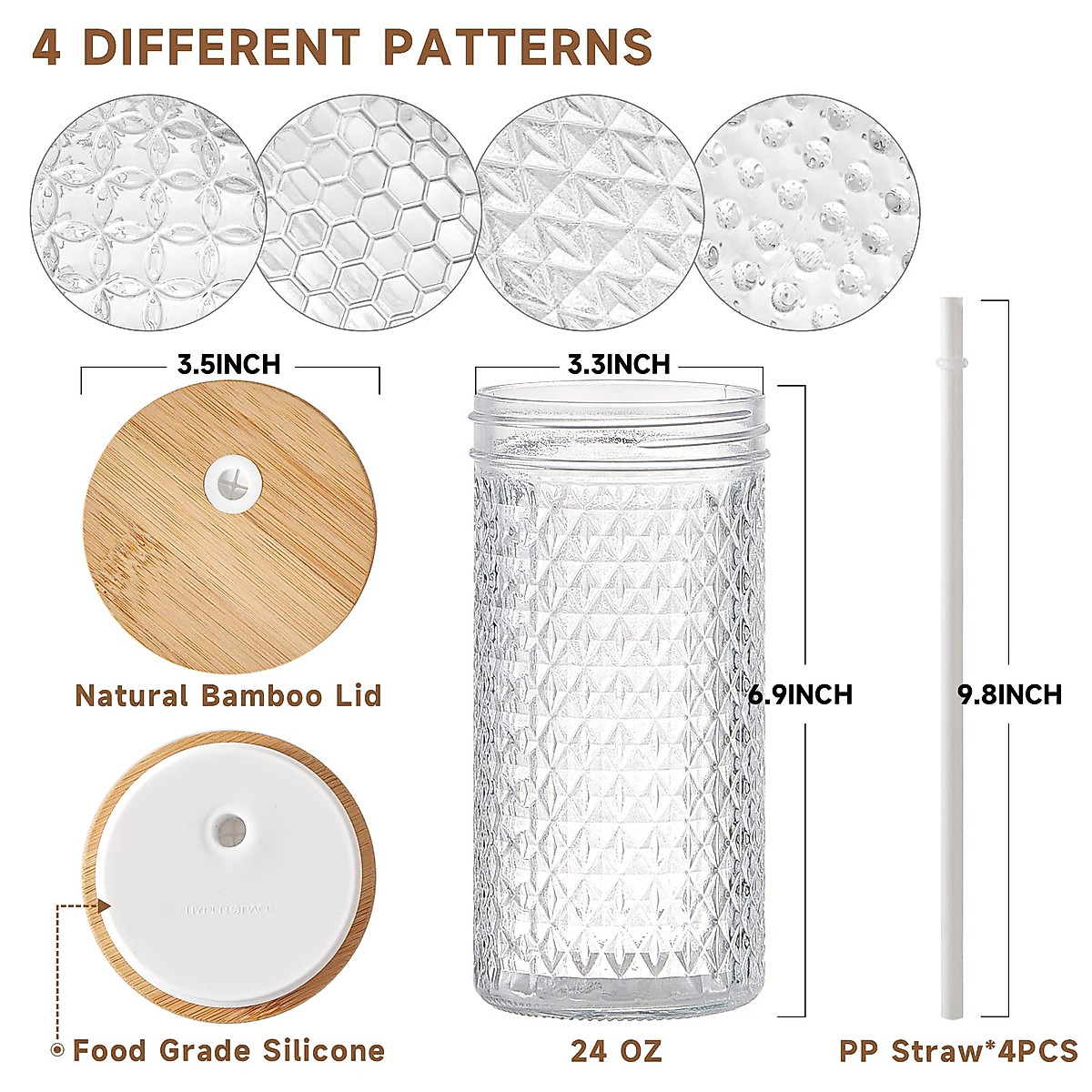 Hyperspace 4Pack Glass Tumblers with Bamboo Lids and Straws, 24 OZ Wide Mouth Mason Jar Drinking Glasses Travel Bottles with Varitey of Patterns for Multi Use