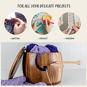 Tyck Design's Large Wooden Yarn Bowl with Lid - 9x7 Inch XL Acacia Wood Holder for Knitting, Crocheting & Macrame - Extra Big & Strong Yarn Storage