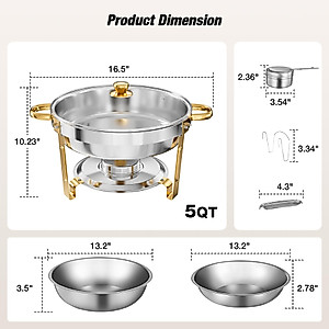 WARMOUNTS Gold Chafing Dishes for Buffet, 5QT Round Chafing Dish Buffet Set w/Glass Lid & Lid Holder, Thickened Stainless Steel Chafers and Buffet Warmers Sets for Weddings, Events, Banquet (2)