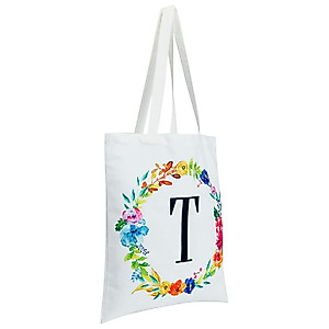 Okuna Outpost Set of 2 Reusable Monogram Letter T Personalized Canvas Tote Bags for Women, Floral Design (29 Inches)