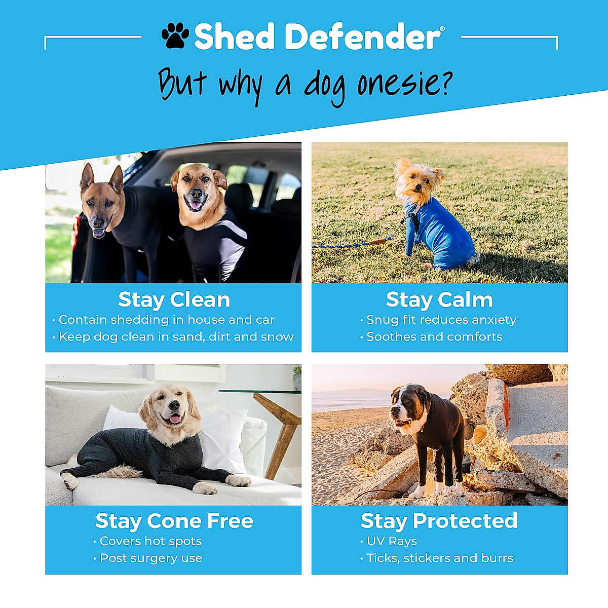 Shed Defender Recovery Suit for Dogs - Seen on Shark Tank, Post-Surgery Dog Onesie, Vet Approved, Anxiety Shirt, E-Collar Alternative, Calming Vest Jacket, Covers Hot Spots & Abdominal Wound, Bodysuit