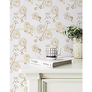 Safiyya 78.7"x17.3" Peel and Stick Wallpaper Gold and White Contact Paper Floral Wallpaper Self Adhesive Removable Wallpaper for Bedroom Covering Vinyl Rolls