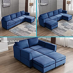 CECER Modular Sectional Sofa Couch,4 Seater Free Combination Sofa Couch with 2 Movable Storage Ottomans, Convertible Sofa Couch with Adjustable Armrest and Backrest for Living Room（Dark Blue）