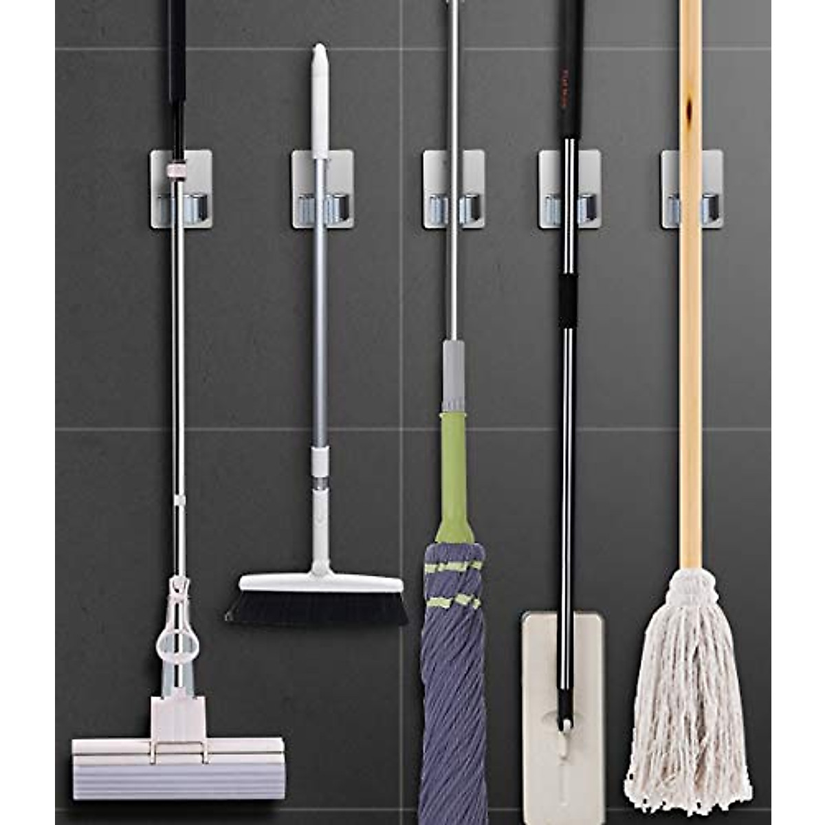 Broom and Mop Holder Wall Mounted, Stainless Steel Self Adhesive Single Broom Hanger Hook, Heavy Duty Organizer Rack for Kitchen Garage Closet Pantry Refrigerator, No Drill, Rectangle Gray, 4 Pack