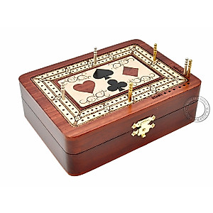 House of Cribbage - 2 Track - Wooden Cribbage Board/Box - Inlaid in Bloodwood/Maple Wood - Storage for Pegs & One Deck of Cards - 60 Points - Non Continuous