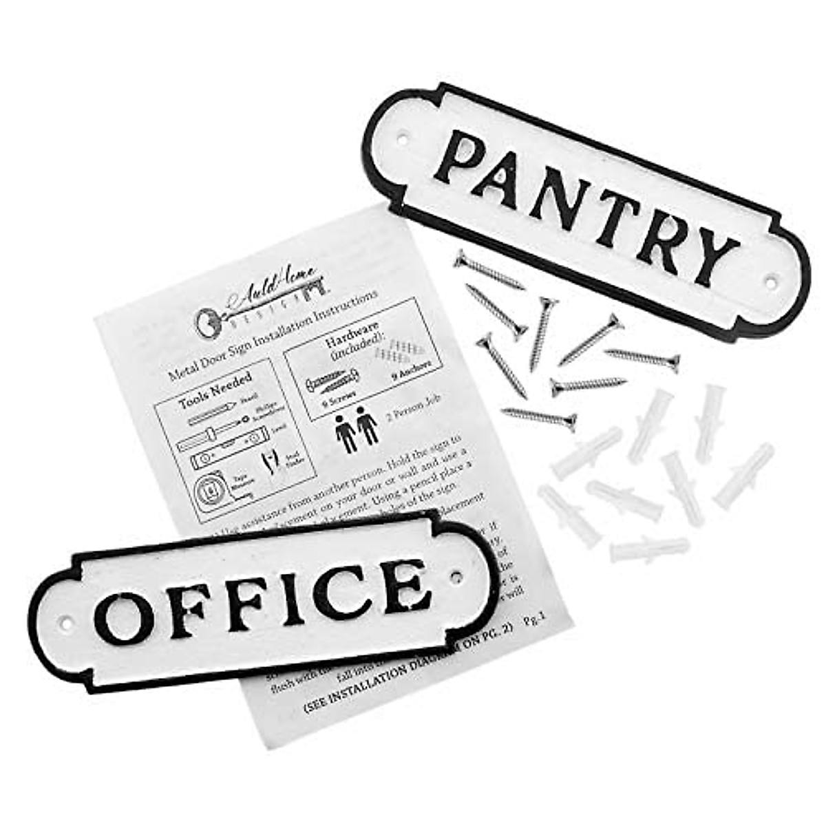 AuldHome Farmhouse Decor Metal Signs, Set of 4 Decorative Cast Iron Door Room Plaques with "Pantry", Office", Bathroom" and "Laundry"