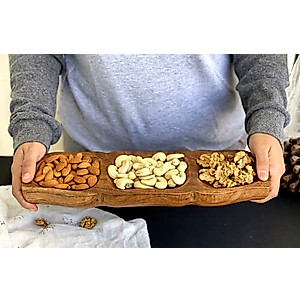 3 Compartment Acacia Wood Tray for Nuts, Candy, Snacks, Appetizers, Chips, Condiments, Crackers, Divided Serving Platter for Parties, Decorative Sectional Relish Tray for Christmas Holidays- 15''