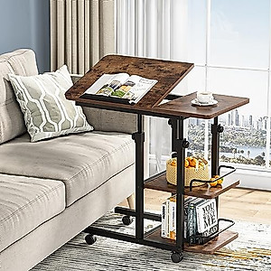 Tribesigns Height Adjustable C Table with Storage, Mobile Couch Snack Side Table with Tiltable Drawing Board, Sofa Bedside Table Laptop Rolling Cart for Bedroom, Living Room (Rustic Brown)