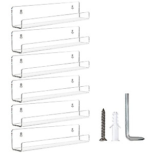 LileZbox Acrylic Clear Floating Shelves, Wall Mounted Acrylic Invisible Bookshelf,Spice Rack Organizer,Storage Shelves Display Organizer on Kids Room, Bathroom, Kitchen, Bedroom (6, 15 x 4.3 inch)