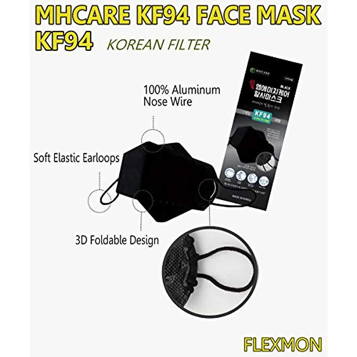 (Pack of 20) Korea Black Disposable KF94_ Face Mask, Unisex, 4-Layer Filters Breathable Comfortable, Adjustable Strap, Nose Mouth Covering Dust Mask Made in Korea.