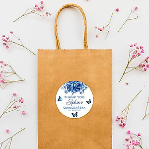 Andaz Press 40-Pack Personalized 2" Round Circle Quinceañera Labels, Blue Butterflies Custom Sticker Labels for Mis Quince Años Favors, Invitations, XV, 15th Birthday Quinceanera Decorations