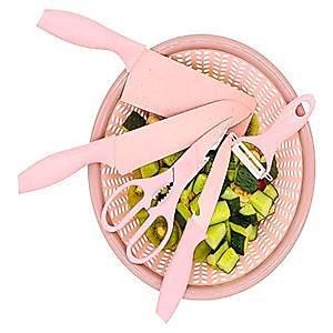 Kitchen Knife Set Pink - 5 Piece Cooking Knives, Non-Stick and Sharp Chef Knife Sets for Kitchen Cutting Meat, Scissors and Ceramic Peeler for Slicing, Paring Fruits and Vegetables