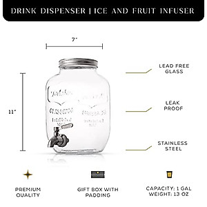 JoyJolt 1-Gallon Drink Dispenser. Glass Beverage Dispenser with Spigot plus Ice Cylinder and Fruit Infuser! Water Dispenser, Lemonade Stand, Punch Bowl, Juice Container - Drink Dispensers for Parties
