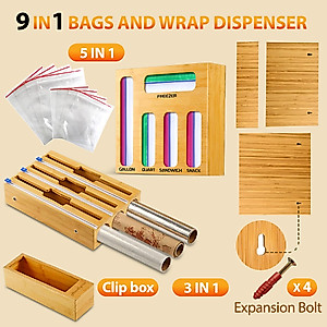 HomeOrganize Ziplock Bag Storage & Wrap Dispenser with Cutter,Clips Box & Labels for Kitchen Drawer & Wall,9 in 1 Bamboo Organizer for Gallon, Quart, Snack Bags & Plastic, Aluminum Foil, Wax 12" Roll.